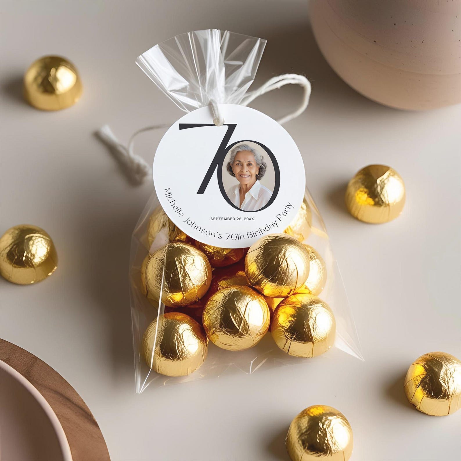 70th Birthday Party Favor Tag, Editable Canva Template, Printable Gold ...