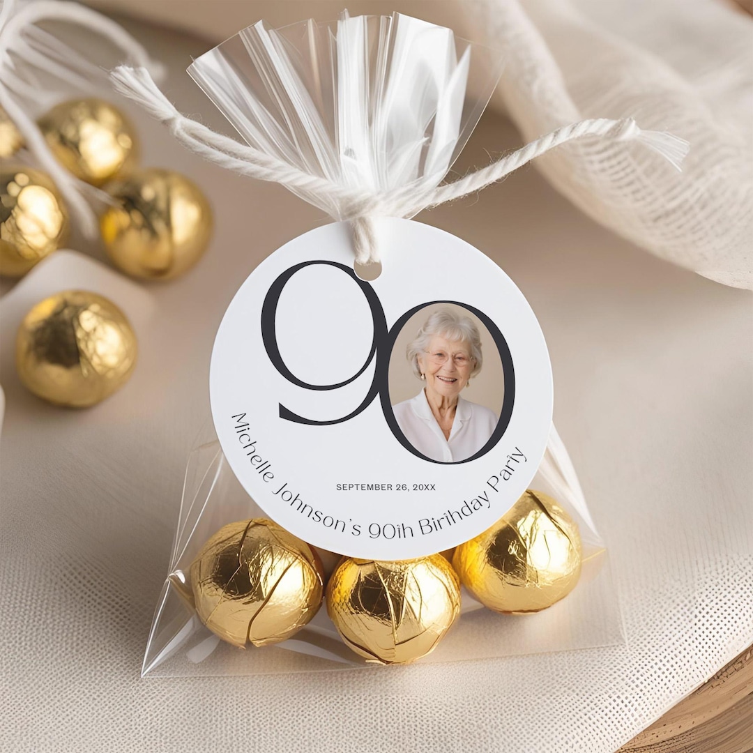 Custom 90th Birthday Party Favor Tag, Editable Canva Template, Round ...