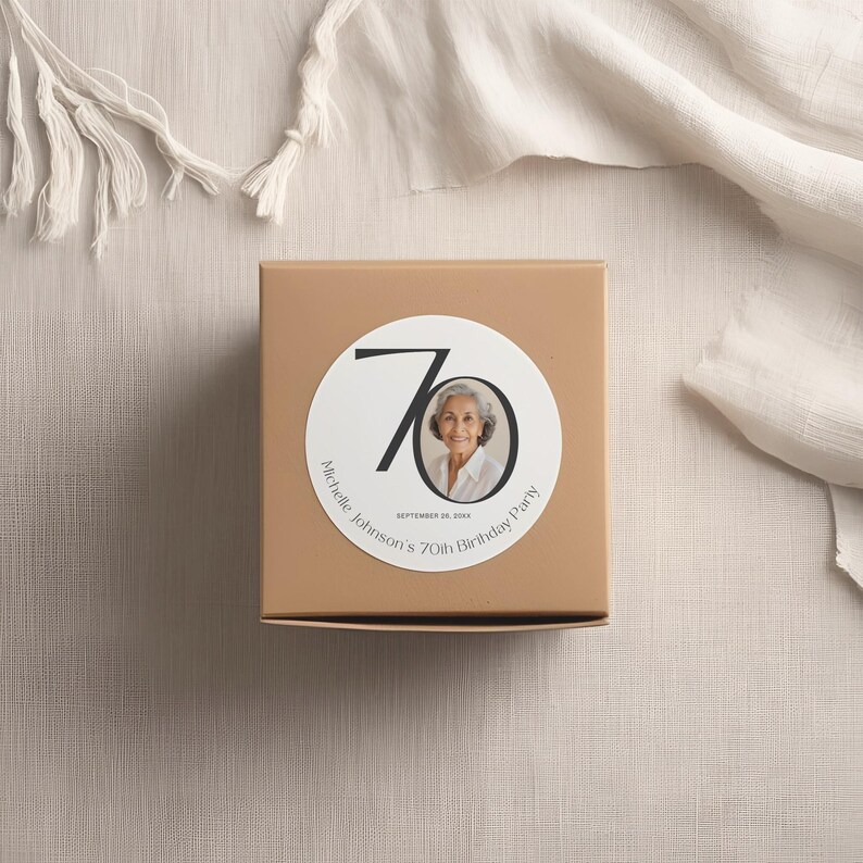 Printable 70th Birthday Sticker, Photo Bday Party Tag, Round Canva ...