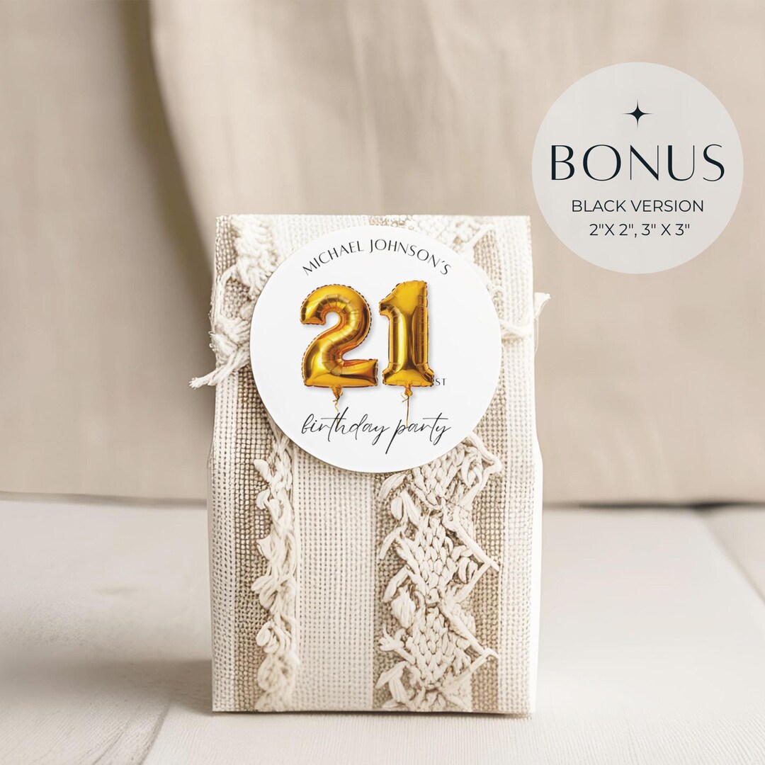21st Birthday Label, Editable Canva Design, Round Sticker Template, DIY ...