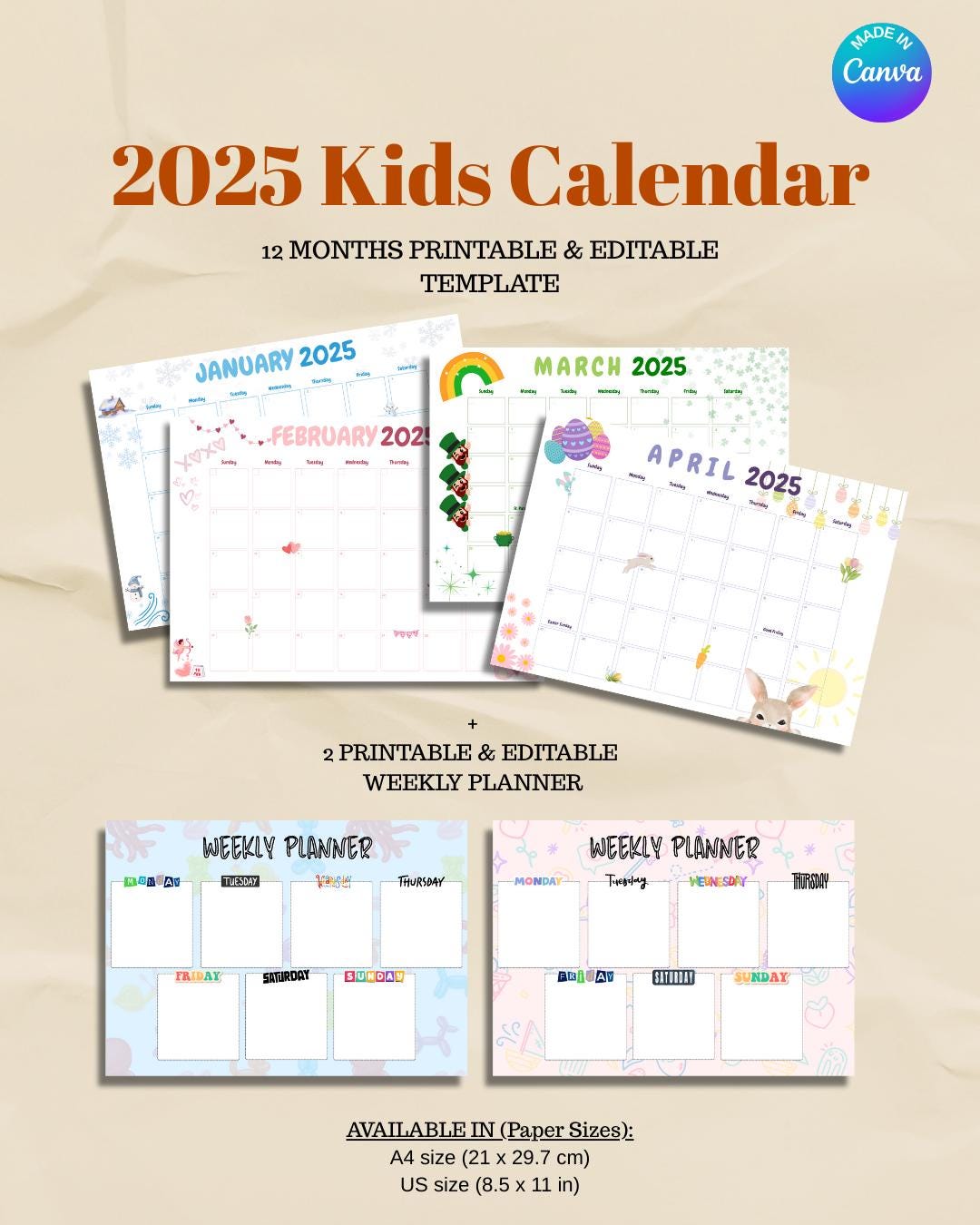 2025 Kids Calendar, Cute Calendar, Wall Calendar, Printable Calendar ...