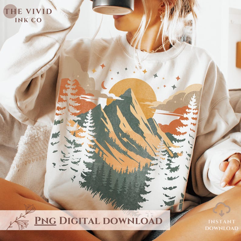 Sunset Mountain View PNG & SVG | Retro Nature Landscape | Adventure Scene | Hiking Outdoor Art ...