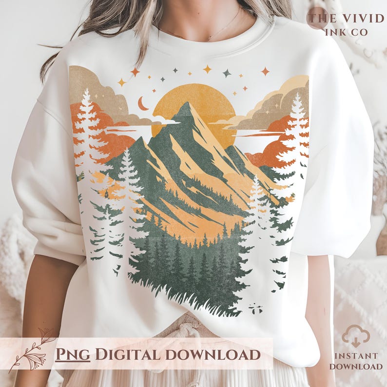 Sunset Mountain View PNG & SVG | Retro Nature Landscape | Adventure Scene | Hiking Outdoor Art ...