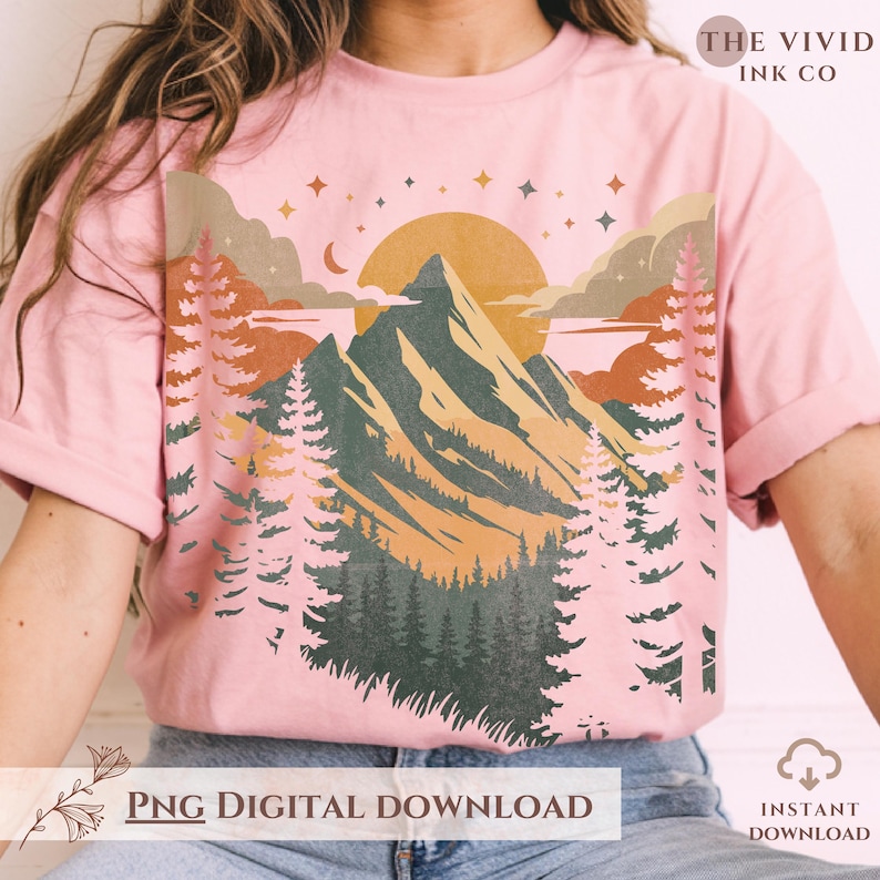 Sunset Mountain View PNG & SVG | Retro Nature Landscape | Adventure Scene | Hiking Outdoor Art ...