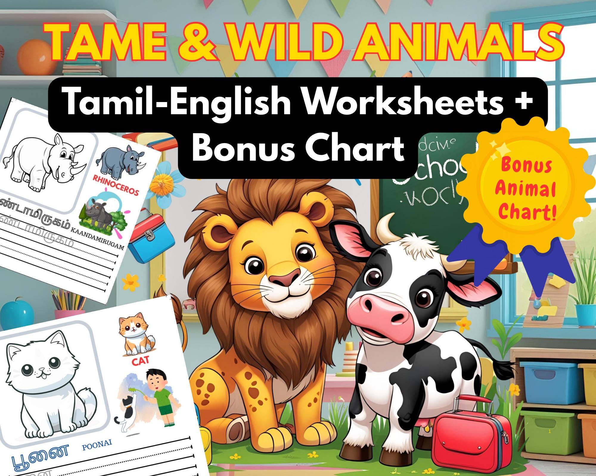 Tamil-english Animal Worksheets | Tame & Wild Animals | Preschool ...