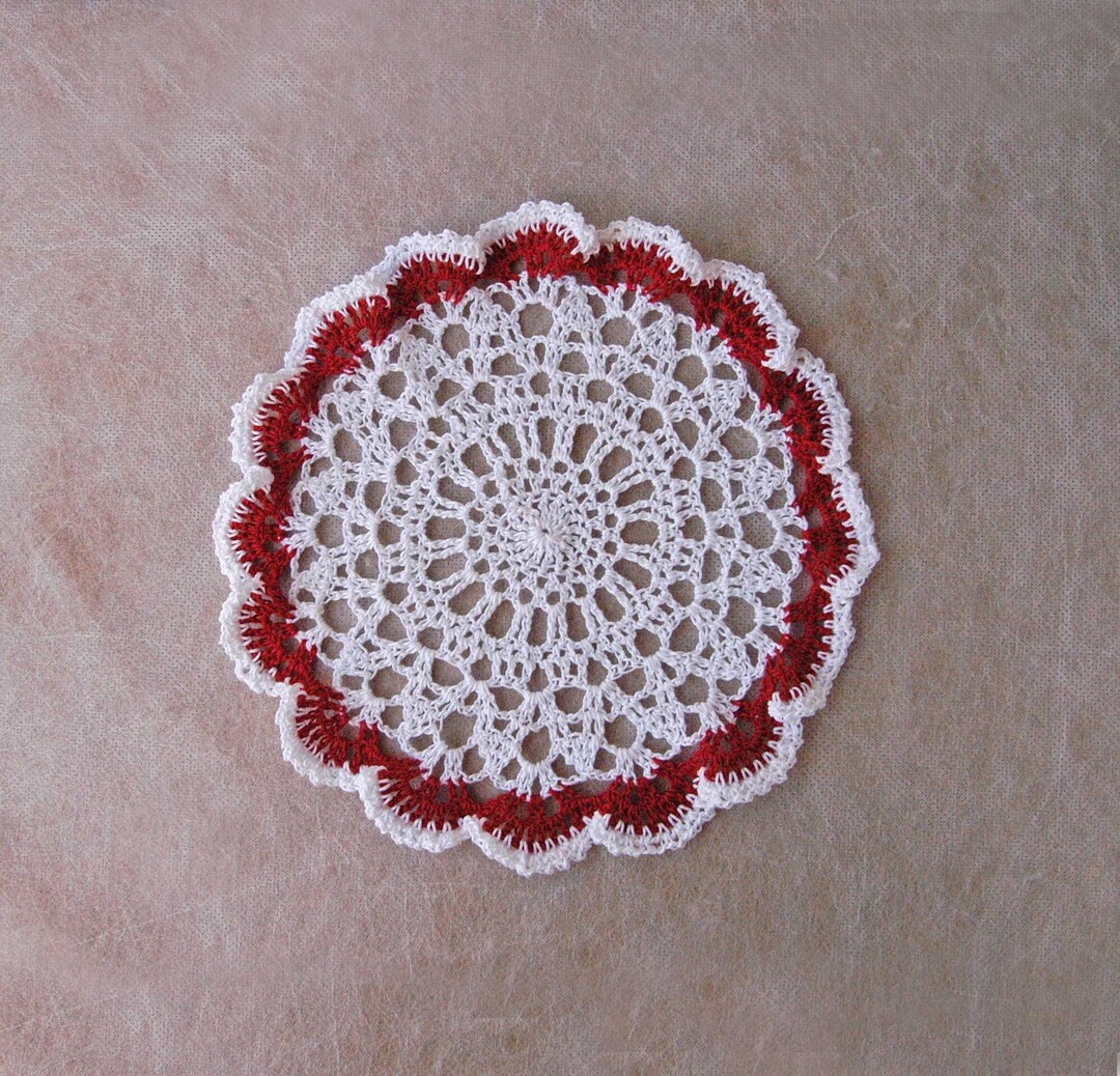 Red and White Crochet Ruffle Doily Lace Table Mat, Decorative 8 Inch ...