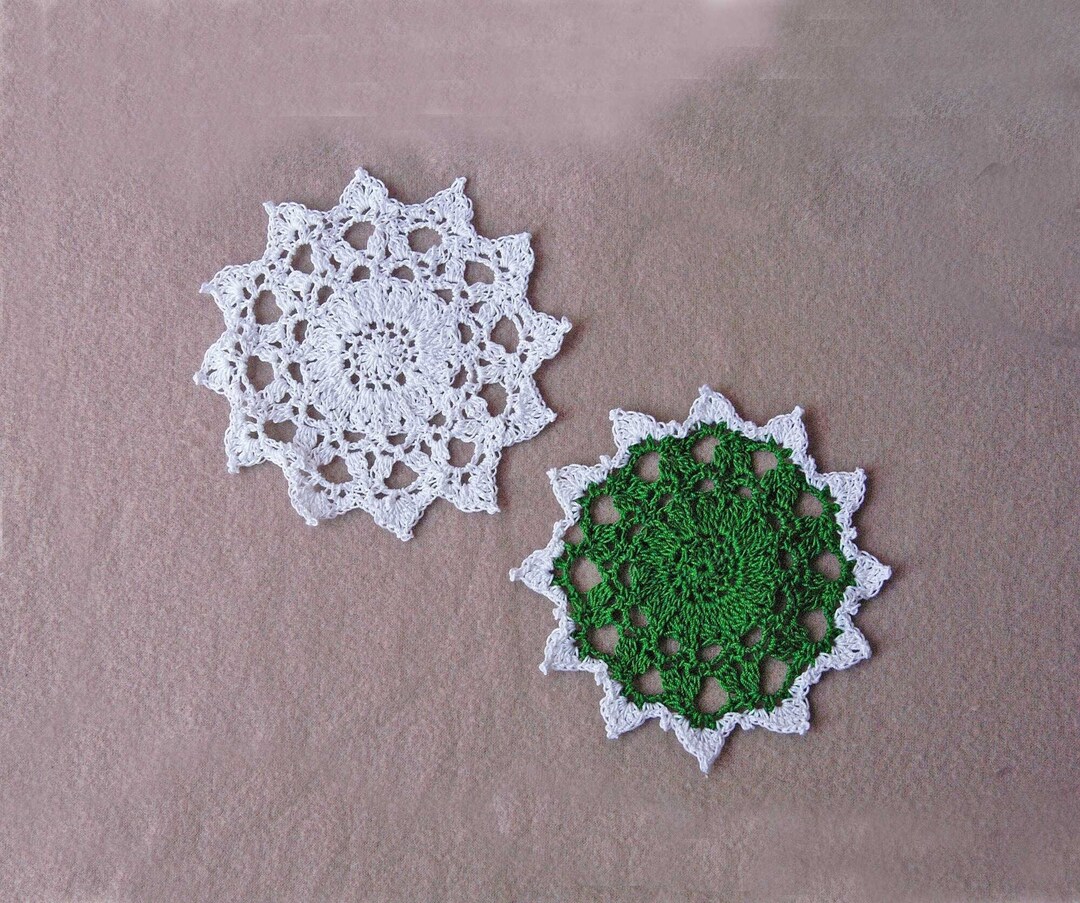 Two Crochet Doilies Green and White Set Lace Table Mats 5 Inches Wide ...