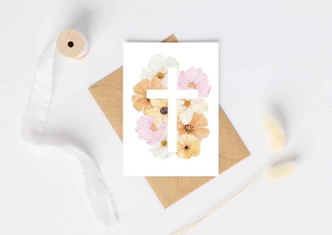 Easter Floral Cross Printable Greeting Card, Digital Happy Easter Card ...