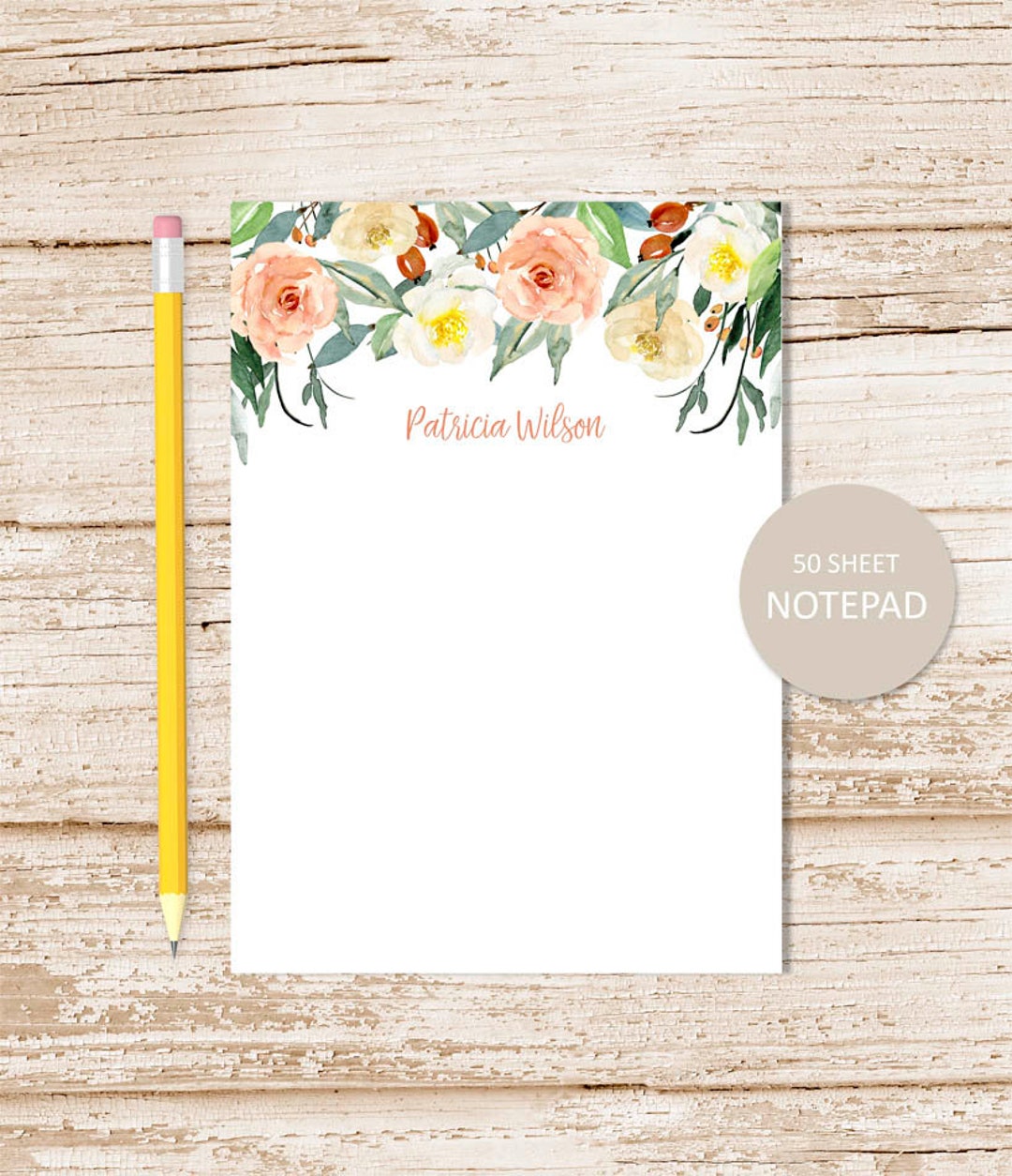 Personalized Notepad . FLORAL BORDER Notepad . Watercolor Flowers Note ...