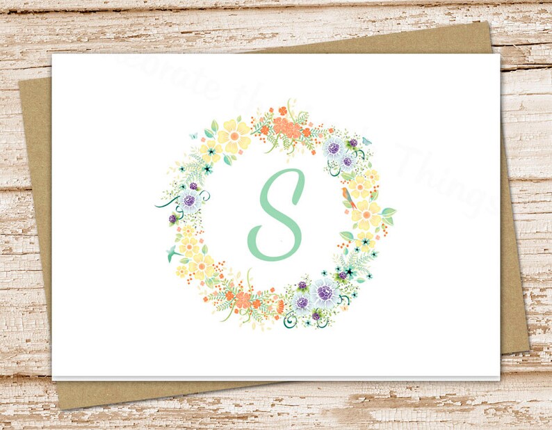 Floral Initial Note Cards . Monogram Notecards . Flower Wreath - Etsy