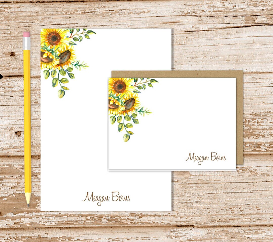 Personalized Stationery Set . Watercolor Sunflowers . Notepad + Note ...