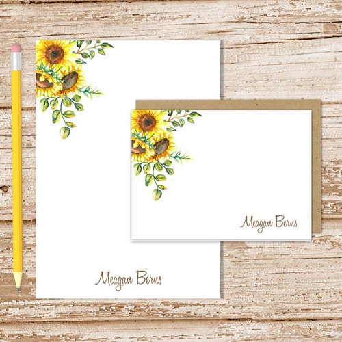 Personalized Stationery Set . Watercolor Sunflowers . Notepad - Etsy