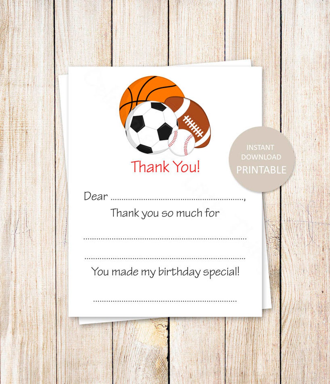 Sports Birthday Thank You Cards: Fill-in-blank (PDF Printable) - Etsy