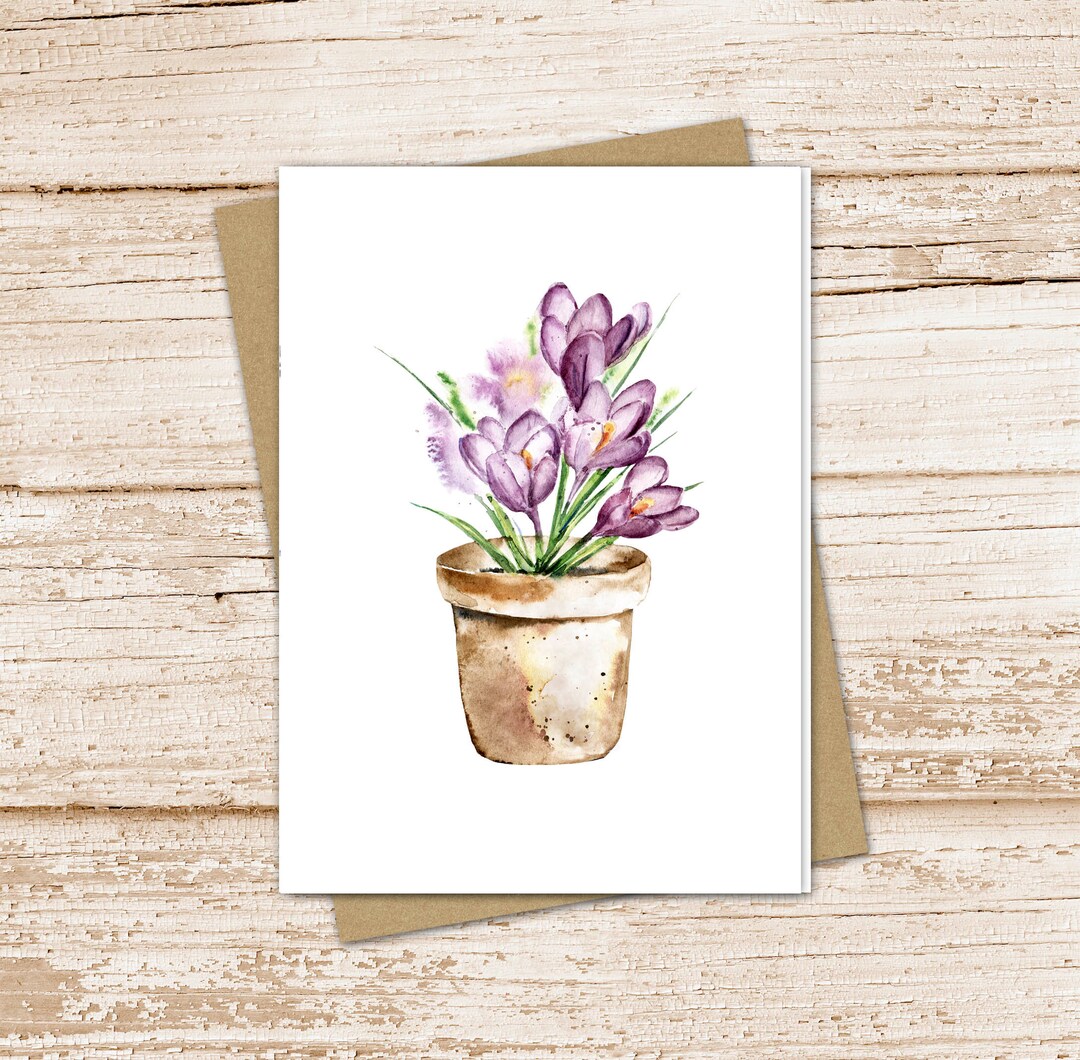 Purple Flowers Card Set . Flower Pot Card Set . Watercolor Crocus ...