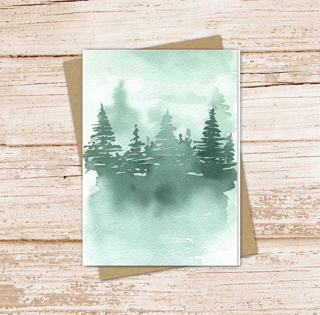 Watercolor Pine Tree Landscape Card Set . Evergreen Tree Note Cards ...
