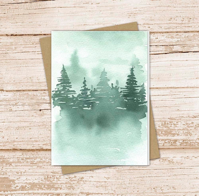 Watercolor Pine Tree Landscape Card Set . Evergreen Tree Note - Etsy
