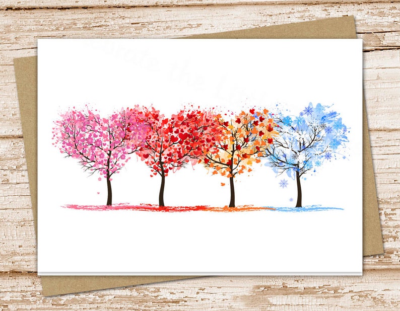 All Seasons Trees Blank Cards . Four Seasons, Heart Trees Cards . Note ...