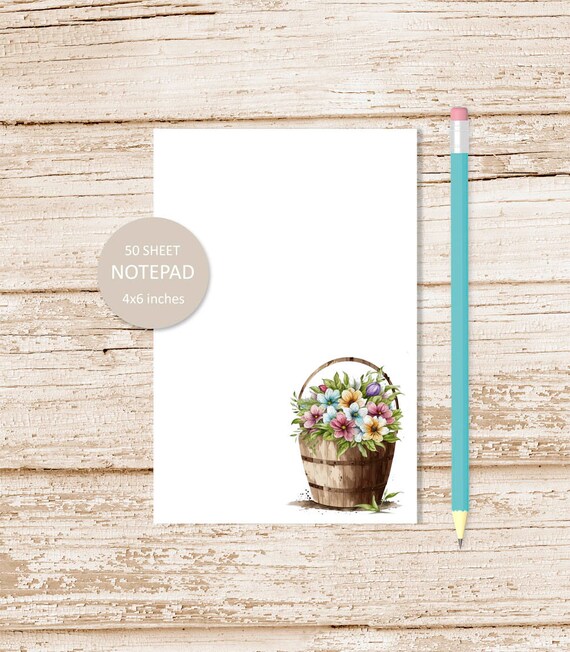 farmhouse bucket notepad . watercolor spring flowers note pad . floral ...