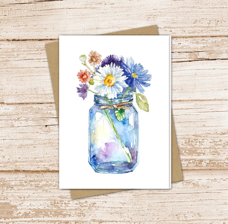 Spring Flowers Card Set . Watercolor . Blue Mason Jar . Note - Etsy