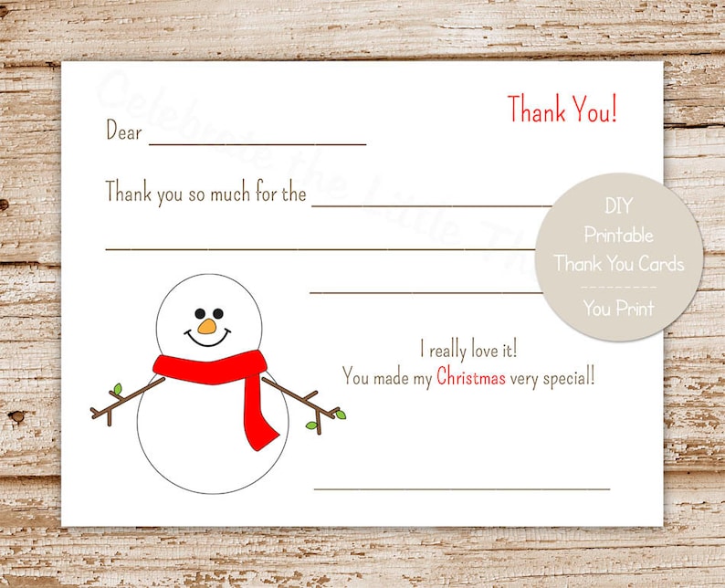 Printable Christmas Thank You Cards for Kids: Snowman Fill-in (instant ...
