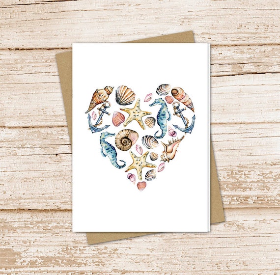Seashell Heart Card Set . Summer Love Watercolor Cards . - Etsy