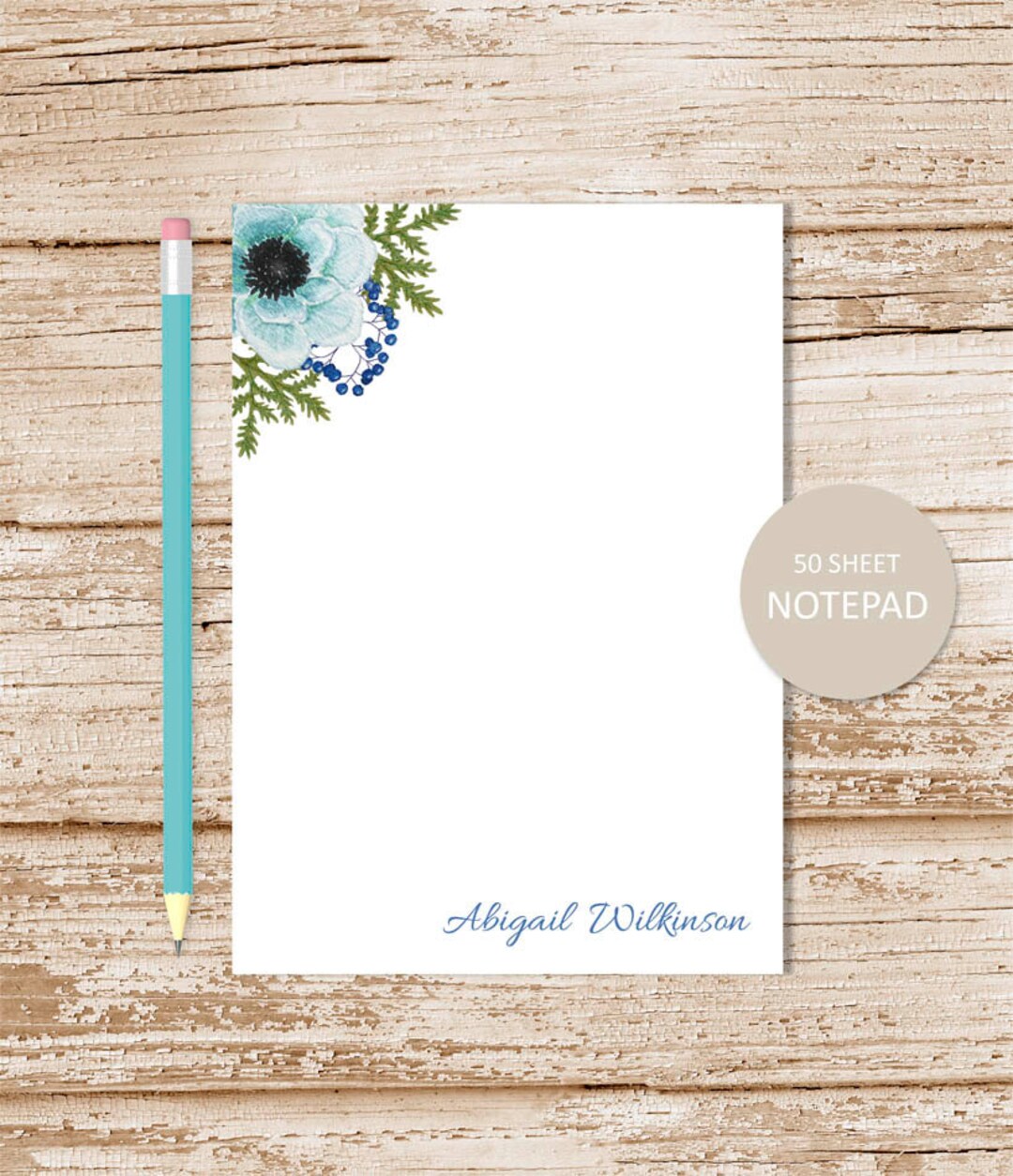 Personalized Floral Notepad . Turquoise Watercolor ANEMONE . Flower ...