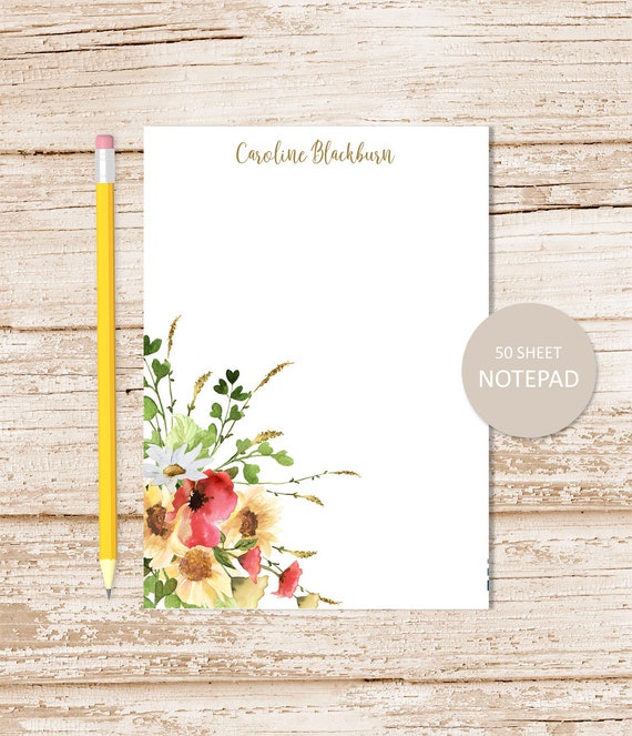 Sunflowers and Poppy Personalized Notepad . Watercolor Note - Etsy