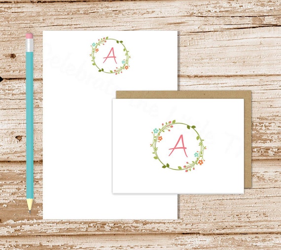 personalized stationery set . floral wreath notepad + note card set ...