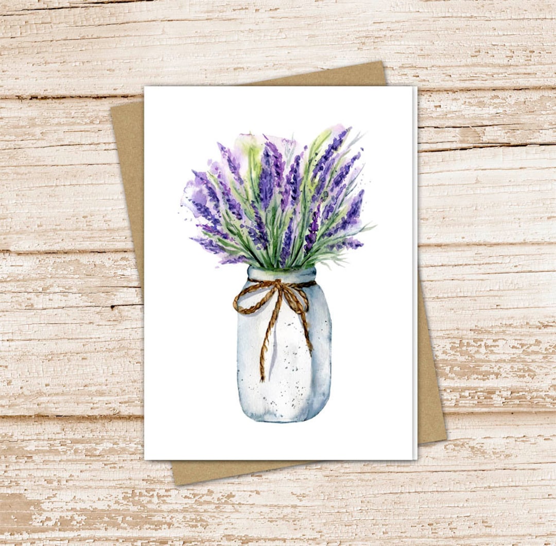 Lavender Flowers Card Set . Mason Jar Vase . Watercolor Farmhouse ...