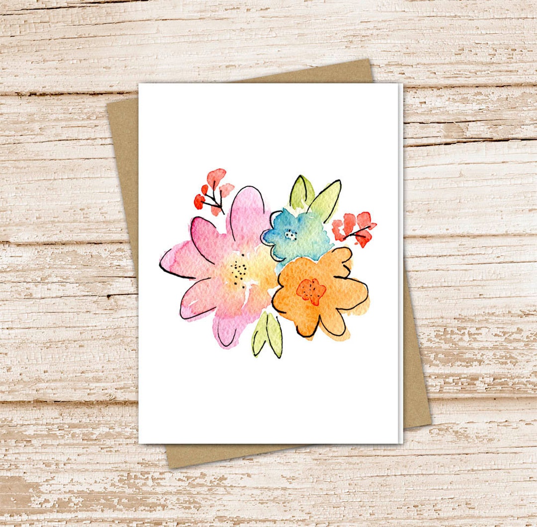Watercolor Flowers Card Set . Bouquet Colorful Flowers. Note Cards ...