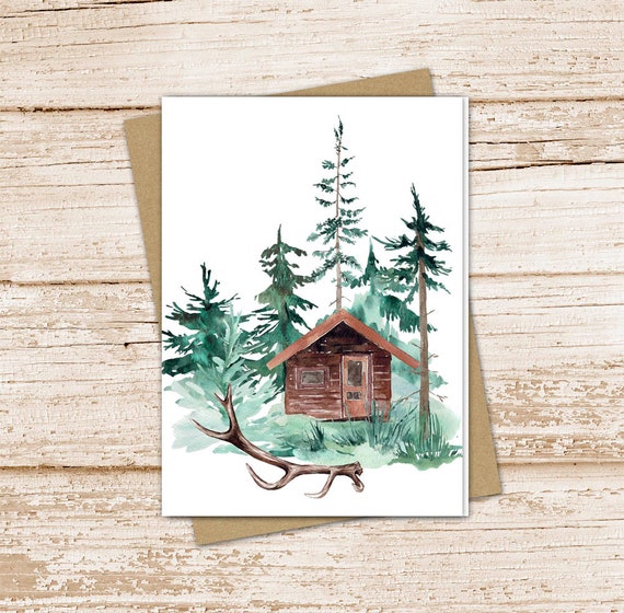 cabin in the woods card set . watercolor note cards . forest, hunting ...