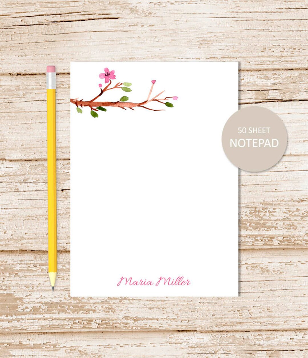Personalized Notepad . FLORAL TREE BRANCH . Note Pad . Watercolor, Pink ...