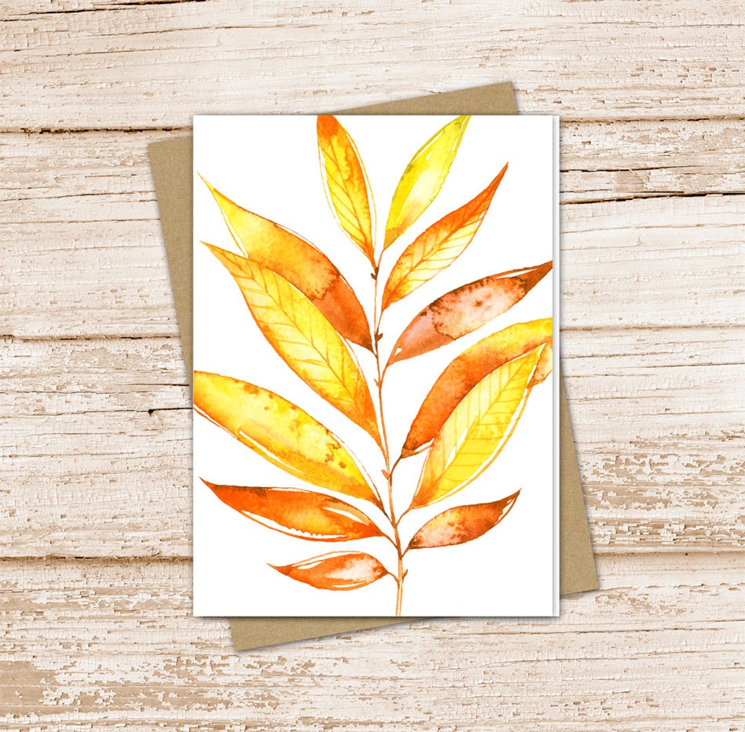 Autumn Leaf Card Set . Watercolor Fall Note Cards . Orange Yellow ...