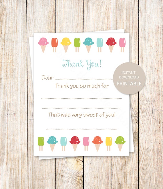 PRINTABLE ice cream thank you cards . ice cream cone . popsicle . any ...