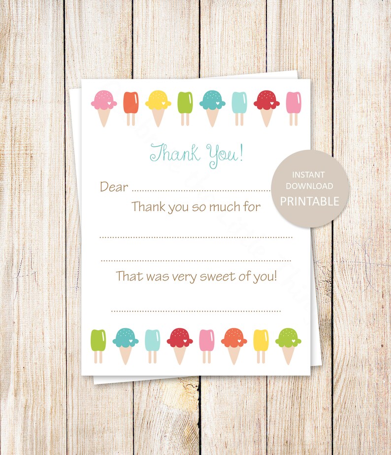 PRINTABLE Ice Cream Thank You Cards . Ice Cream Cone . | Etsy