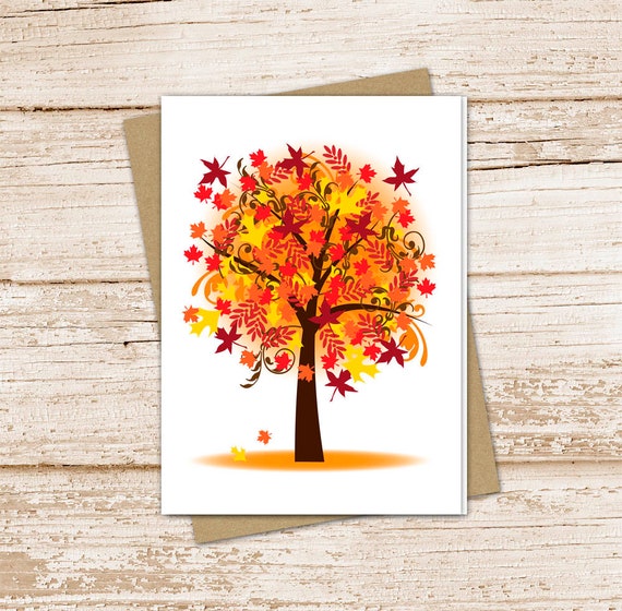 autumn tree card set . fall tree note cards . orange red leaves leaf ...