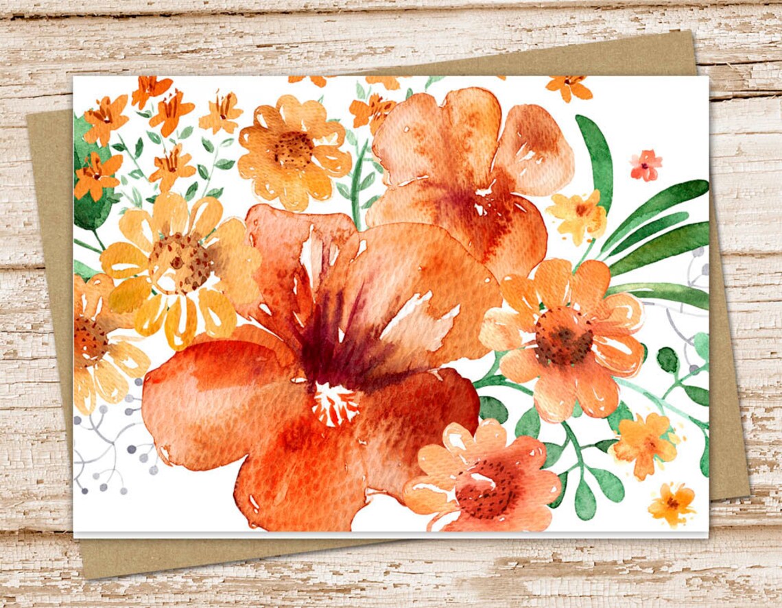 Orange Meadow Flowers Card Set . Watercolor Floral Note Cards | Etsy