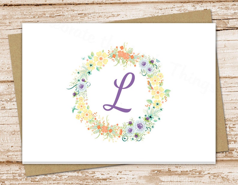 Floral Initial Note Cards . Monogram Notecards . Flower Wreath - Etsy