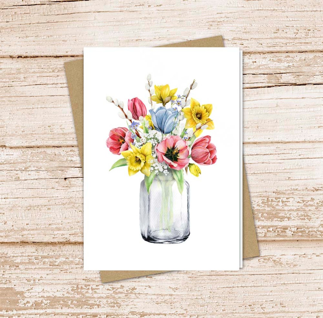 Spring Flowers Card Set . Watercolor Daffodil Tulips . Mason Jar . Note ...