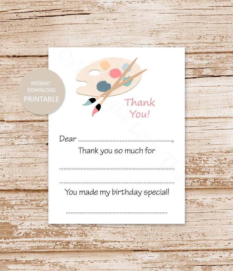 PRINTABLE Art Thank You Cards . Girls Fill in the Blank Birthday Thank ...