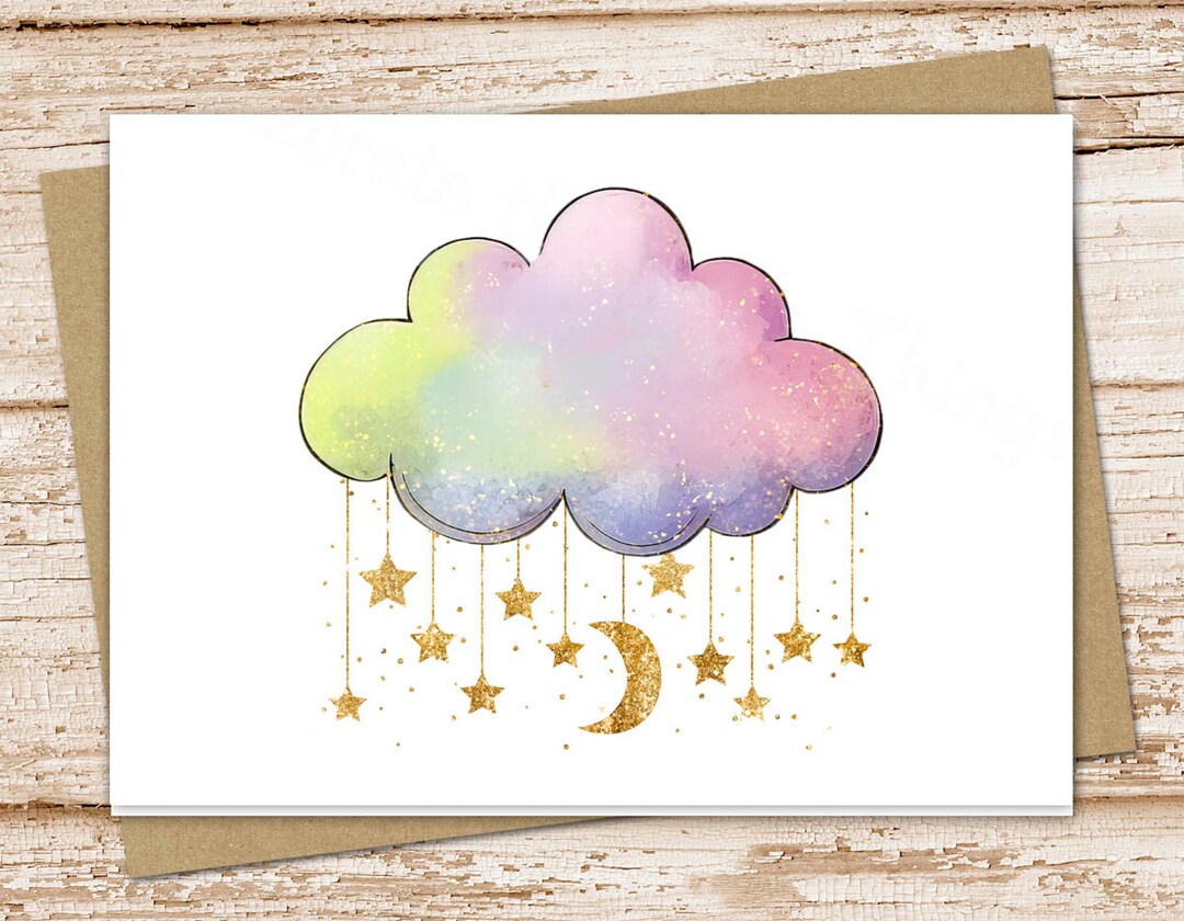 Celestial Cloud Card Set . Watercolor Tie Dye Cloud, Stars and Moon ...