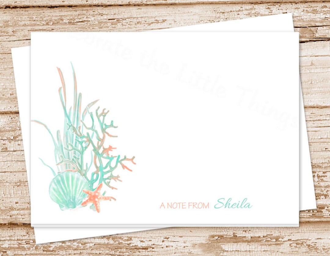 Seashells and Coral Note Cards . Notecards . Tropical Beach . Folded ...