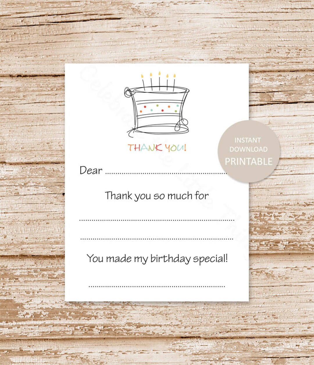 PRINTABLE . Birthday Cake Thank You Cards . Candles . Kids, Children ...