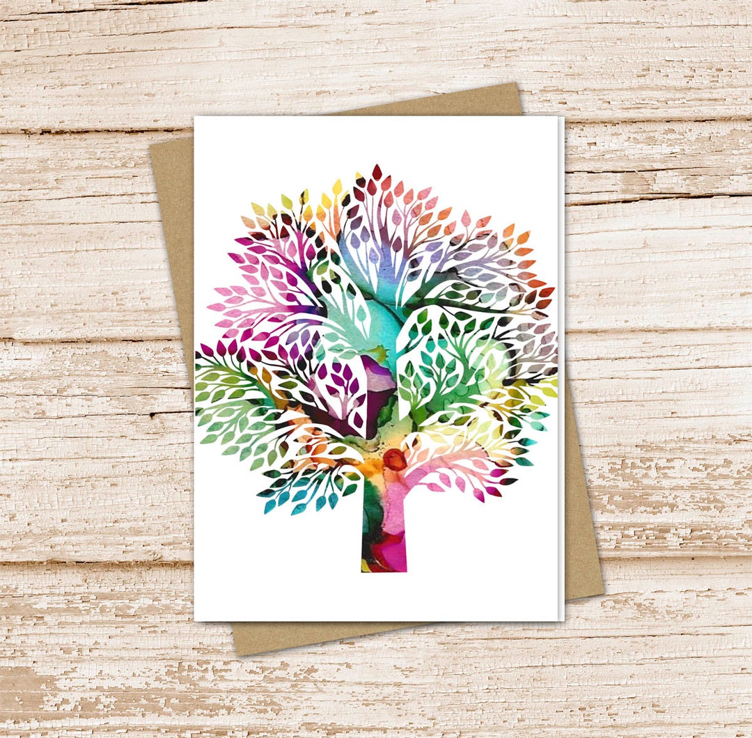 Colorful Tree Card Set . Watercolor Tree Note Cards . Nature, Outdoors ...