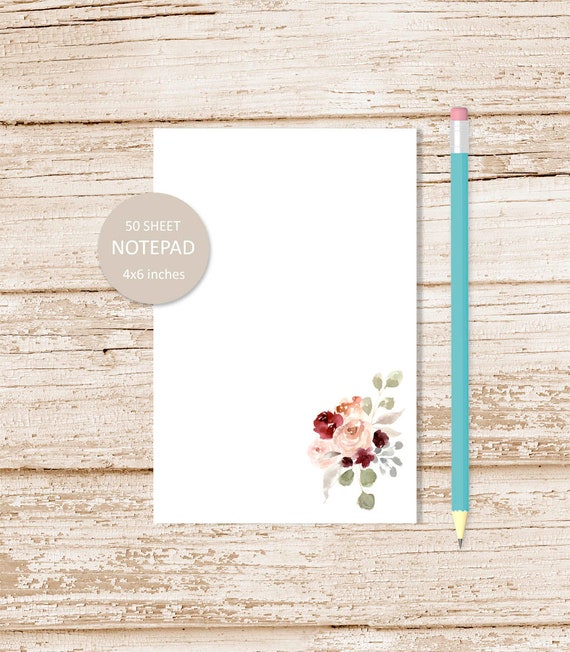 bohemian flowers notepad . watercolor bouquet note pad . burgundy pink ...
