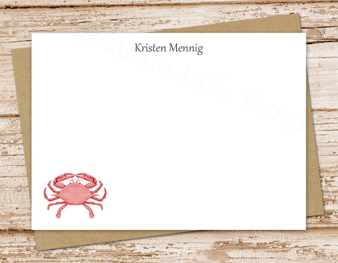 Personalized Crab Note Cards . Watercolor Red Crab Notecards . FLAT ...
