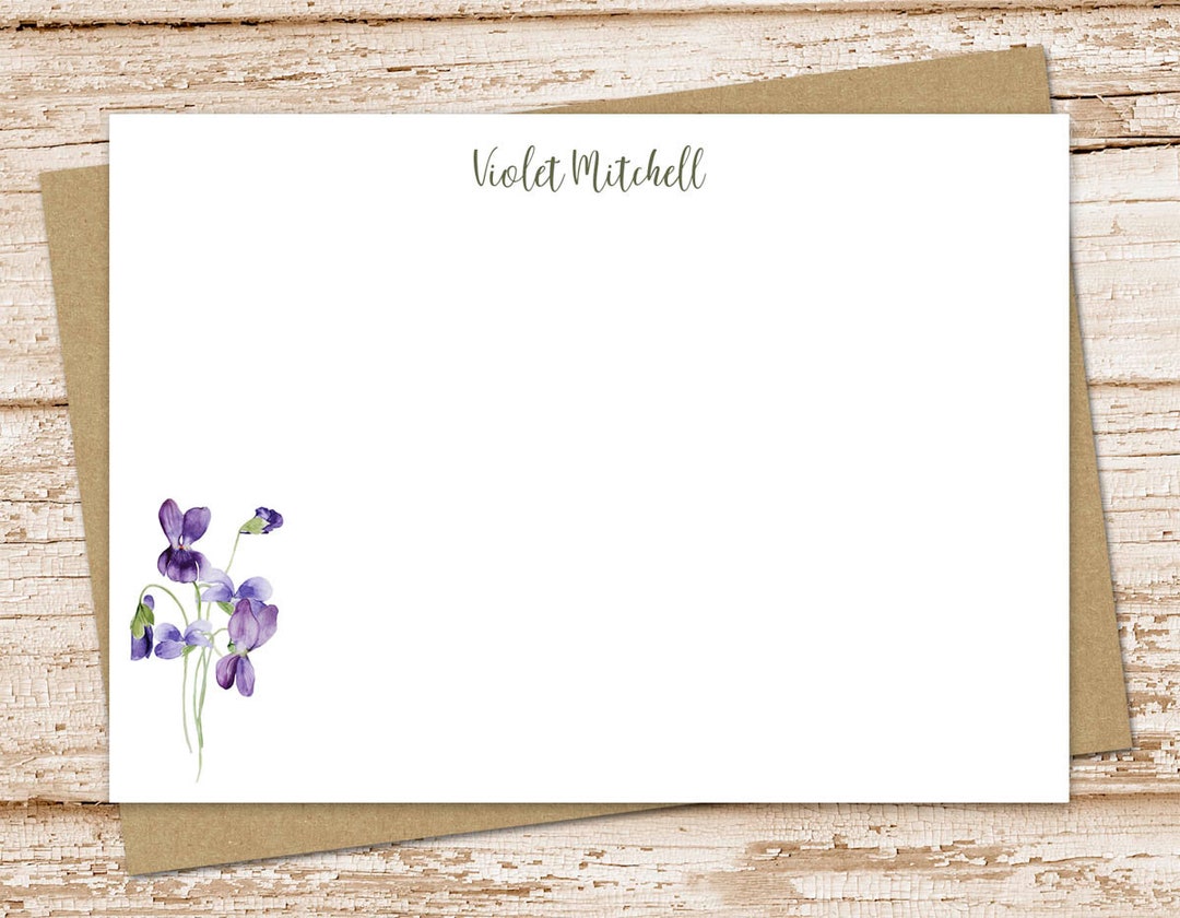 Personalized Note Card Set, Watercolor Violet Flowers Stationery ...