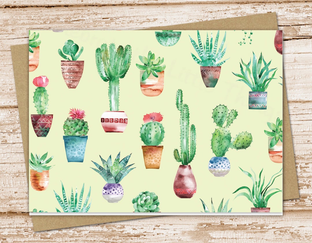 Cactus Card Set . Potted Cactus Note Cards, Notecards . Watercolor ...