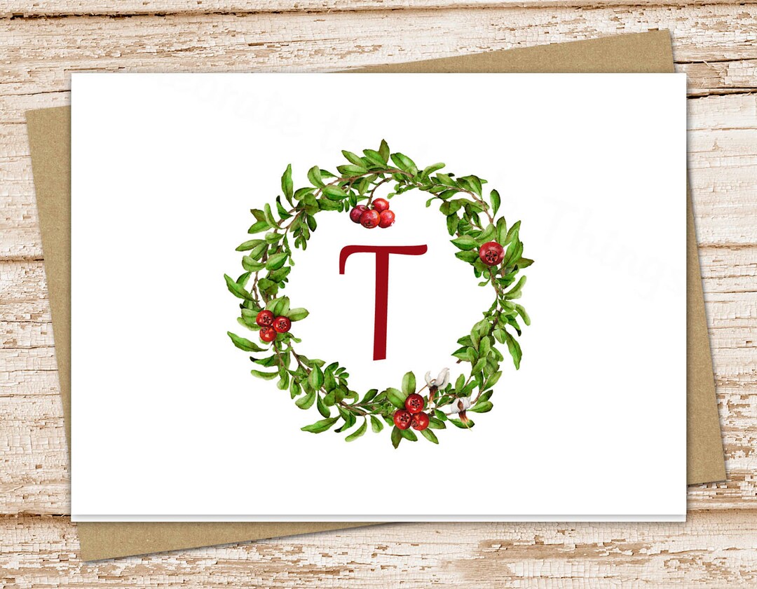 Cranberry Wreath Note Card Set, Notecards . Christmas . Initial ...