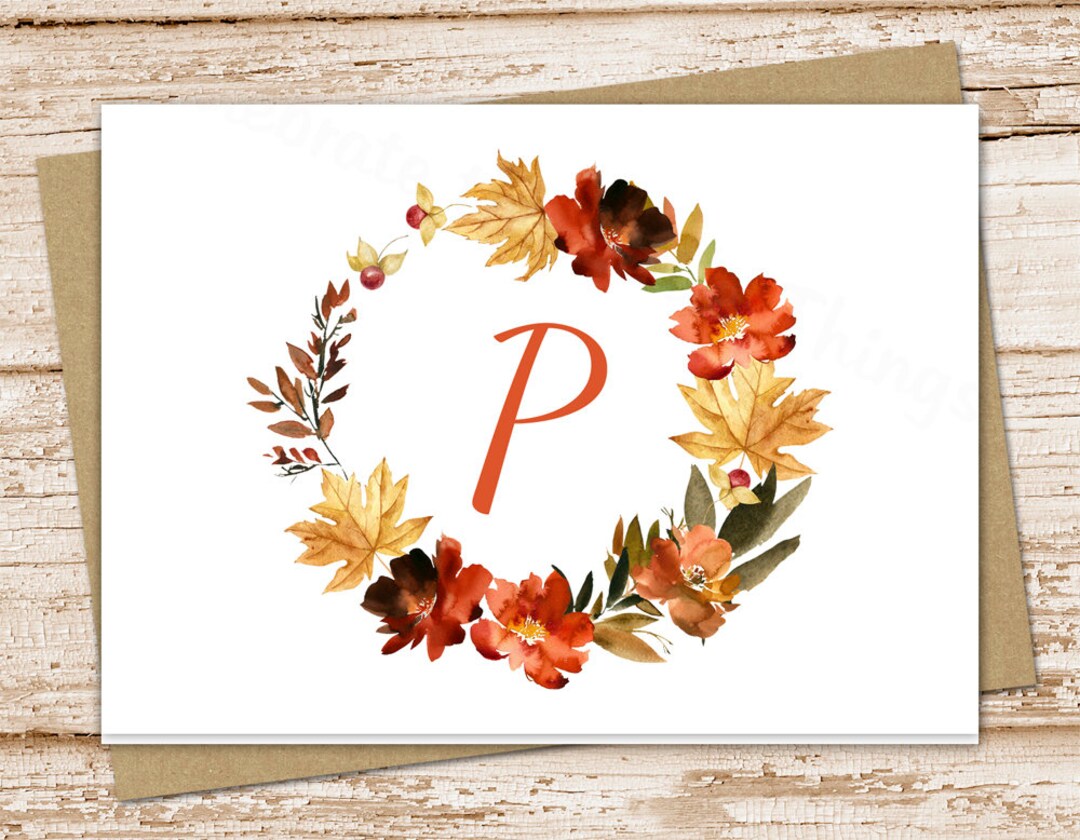 Autumn Wreath Initial Note Card Set . Watercolor Leaves Flowers . Fall ...
